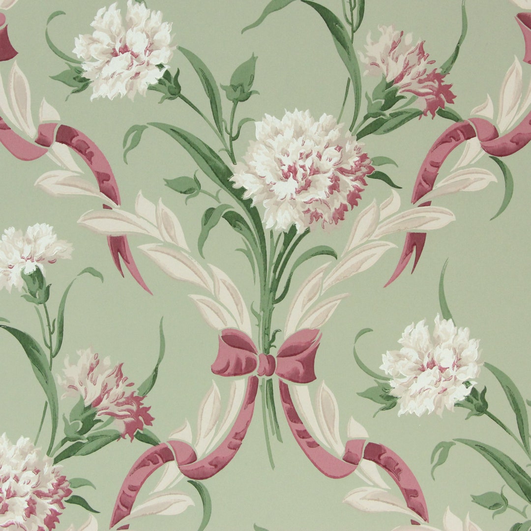 1940s Vintage Wallpaper - White Pink Carnation Pink Ribbon on Green ...