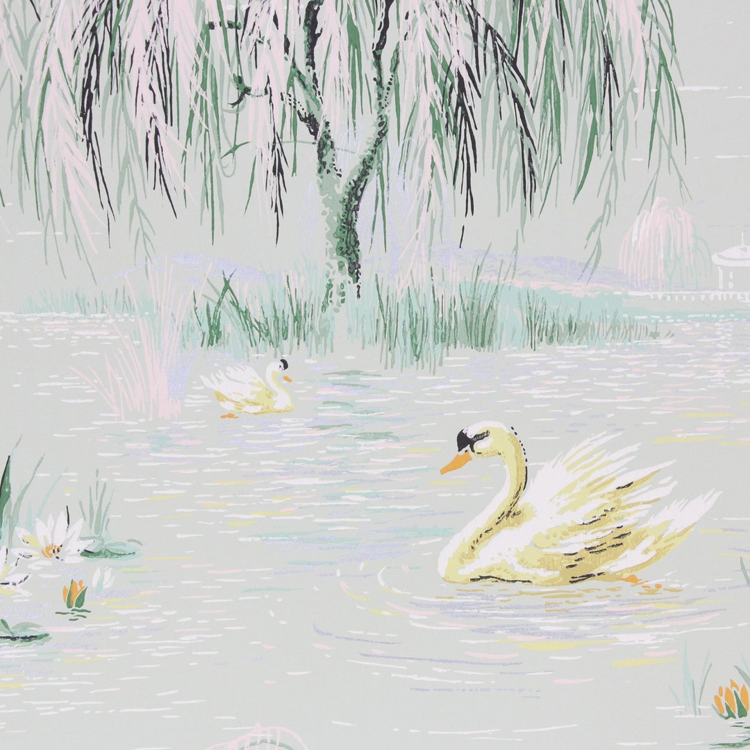 1960s Vintage Wallpaper - Yellow Swans on Green, Sold by the Yard - Etsy