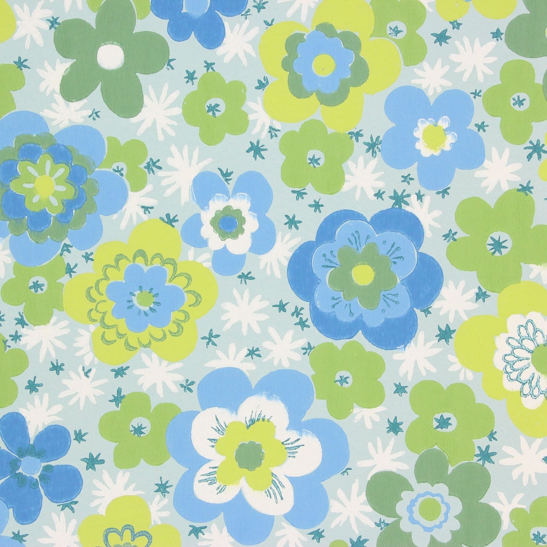 1960s Vintage Wallpaper - Retro Blue Green Flowers on Blue, Sold by the ...