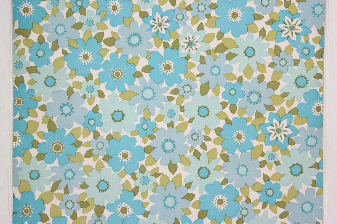1970s Retro Vintage Wallpaper Aqua Blue Flowers on White Vinyl - Etsy