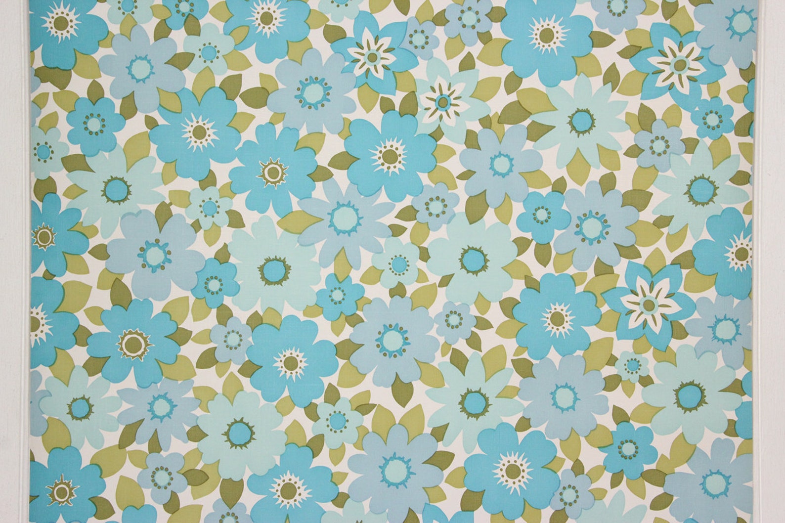 1970s Retro Vintage Wallpaper Aqua Blue Flowers on White Vinyl - Etsy
