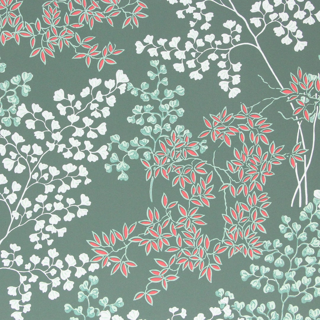 1950s Vintage Wallpaper - Botanical Red and White Leaves on Green, Sold ...