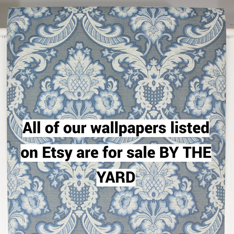 1970s Retro Vintage Wallpaper - Blue Floral Damask on Vinyl, Sold by ...