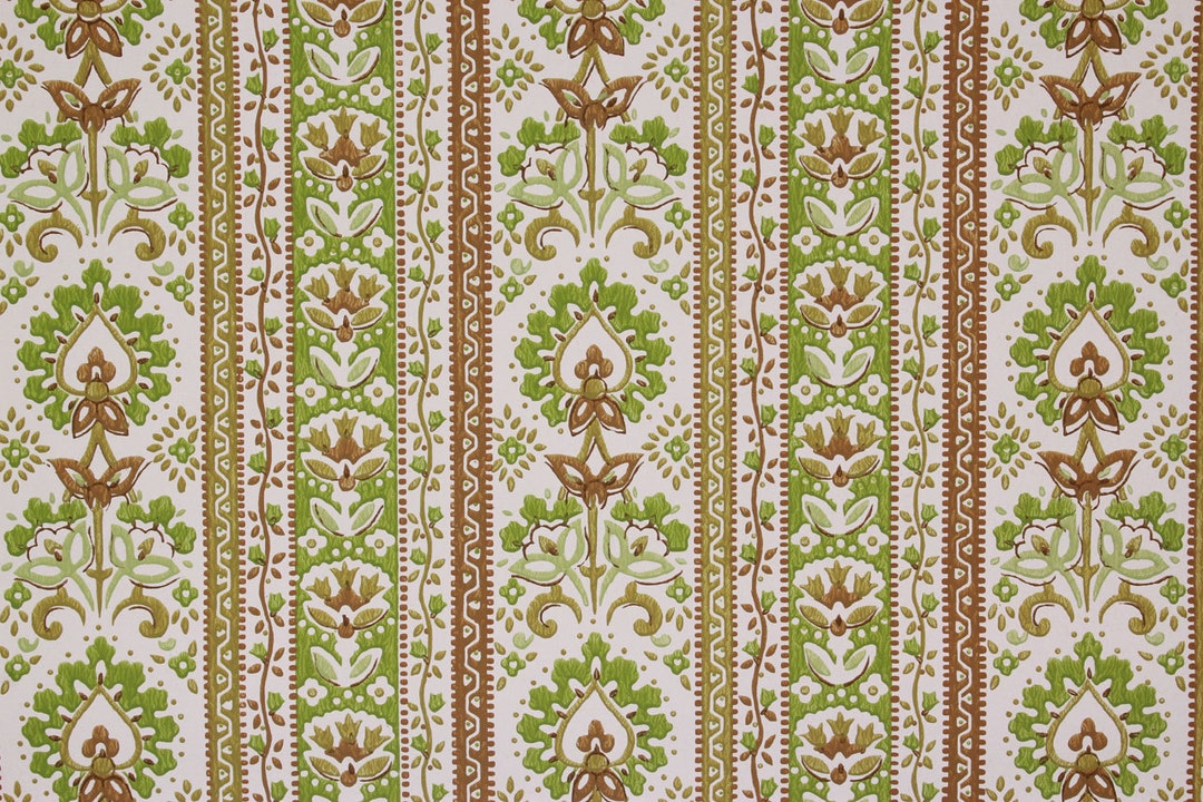 1970s Vintage Wallpaper Avocado Green Floral Stripe With Brown - Etsy