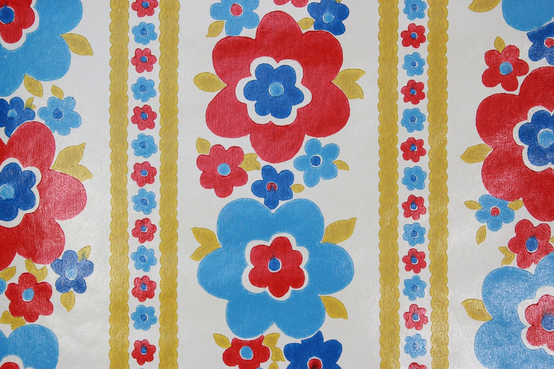 1970s Retro Vintage Wallpaper Red and Blue Flower Stripe by | Etsy