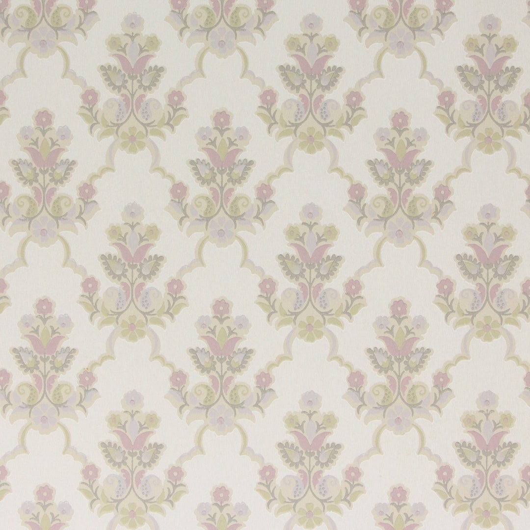 1960s Vintage Wallpaper - Purple Floral Geometric on White Damask, Sold ...