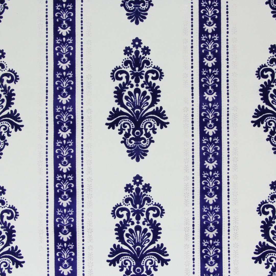 1970s Retro Vintage Wallpaper - Blue Flock Damask on Blue, Sold by the ...