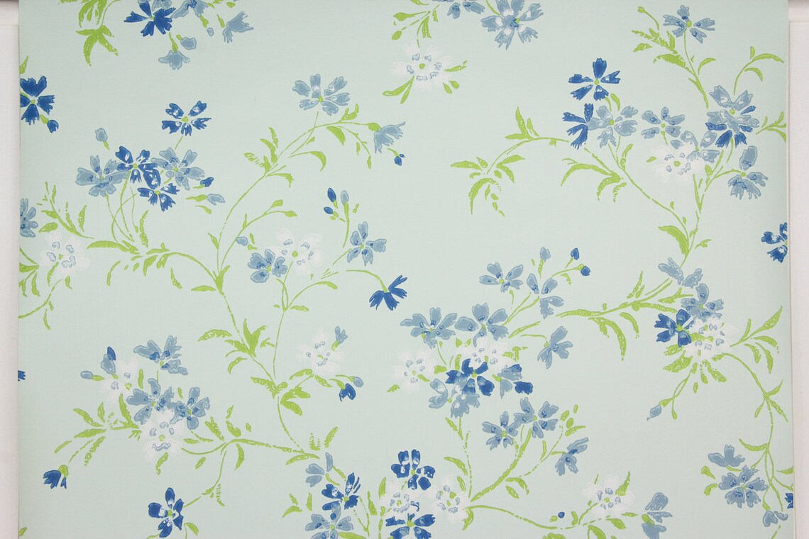 1970s Retro Vintage Wallpaper Vinyl Blue and White Flowers on - Etsy