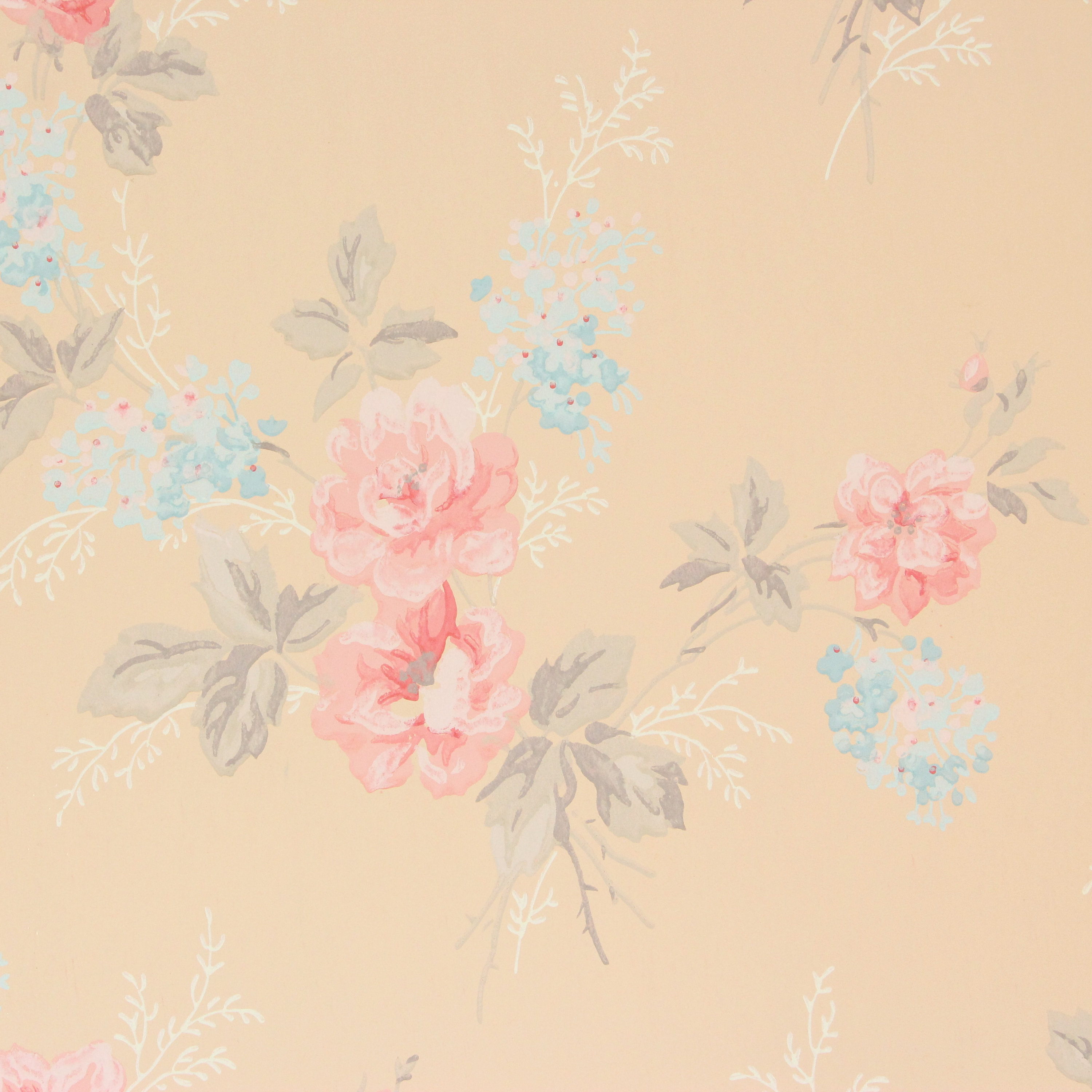 1940s Vintage Wallpaper - Pink Rose Bouquets on Peach, Sold by the Yard ...