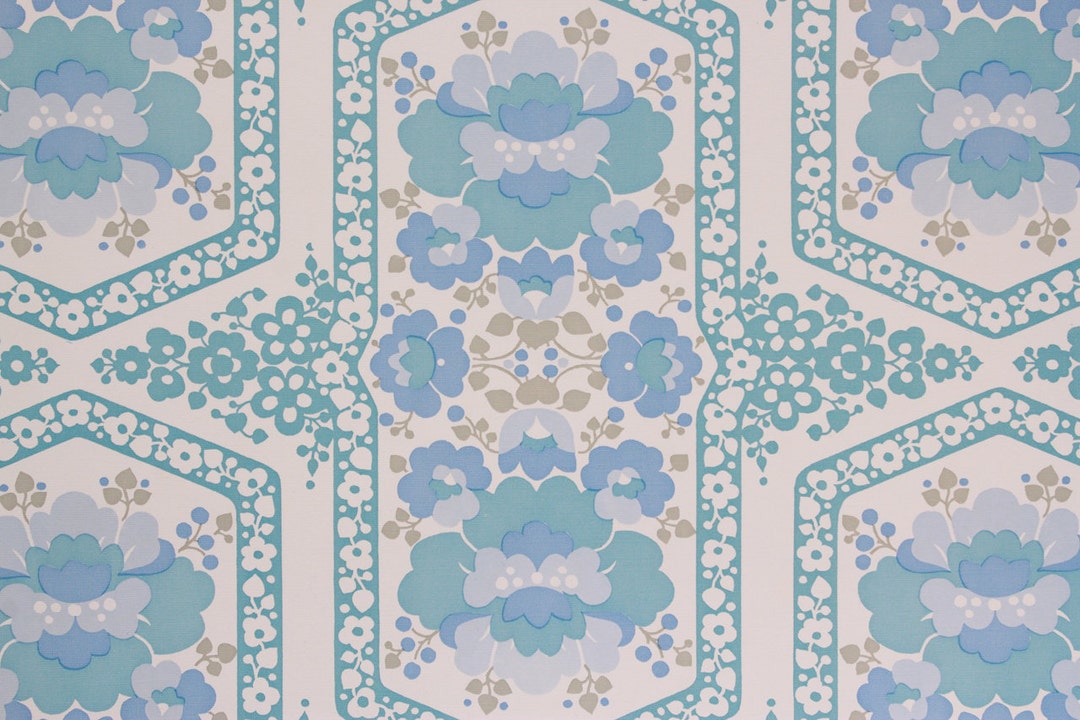 1970s Vintage Wallpaper Retro Vinyl Blue Floral Geometric by - Etsy