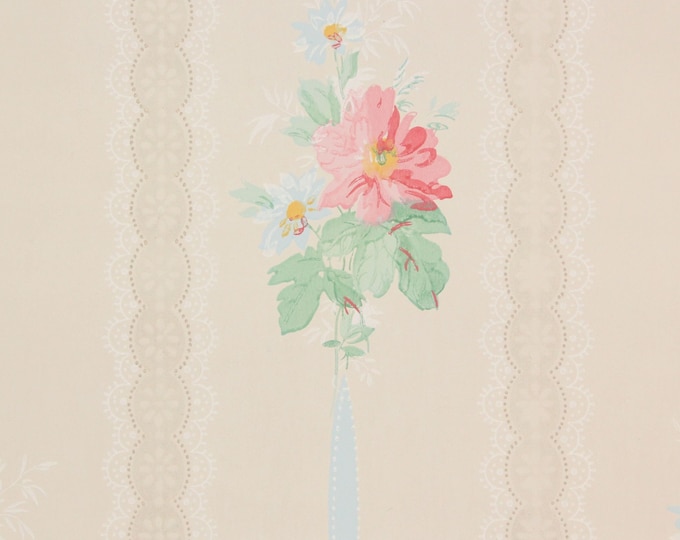 1940s Vintage Wallpaper Pink Floral Bouquets With Blue Ribbon | Etsy
