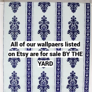 1970s Retro Vintage Wallpaper - Blue Flock Damask on Blue, Sold by the ...