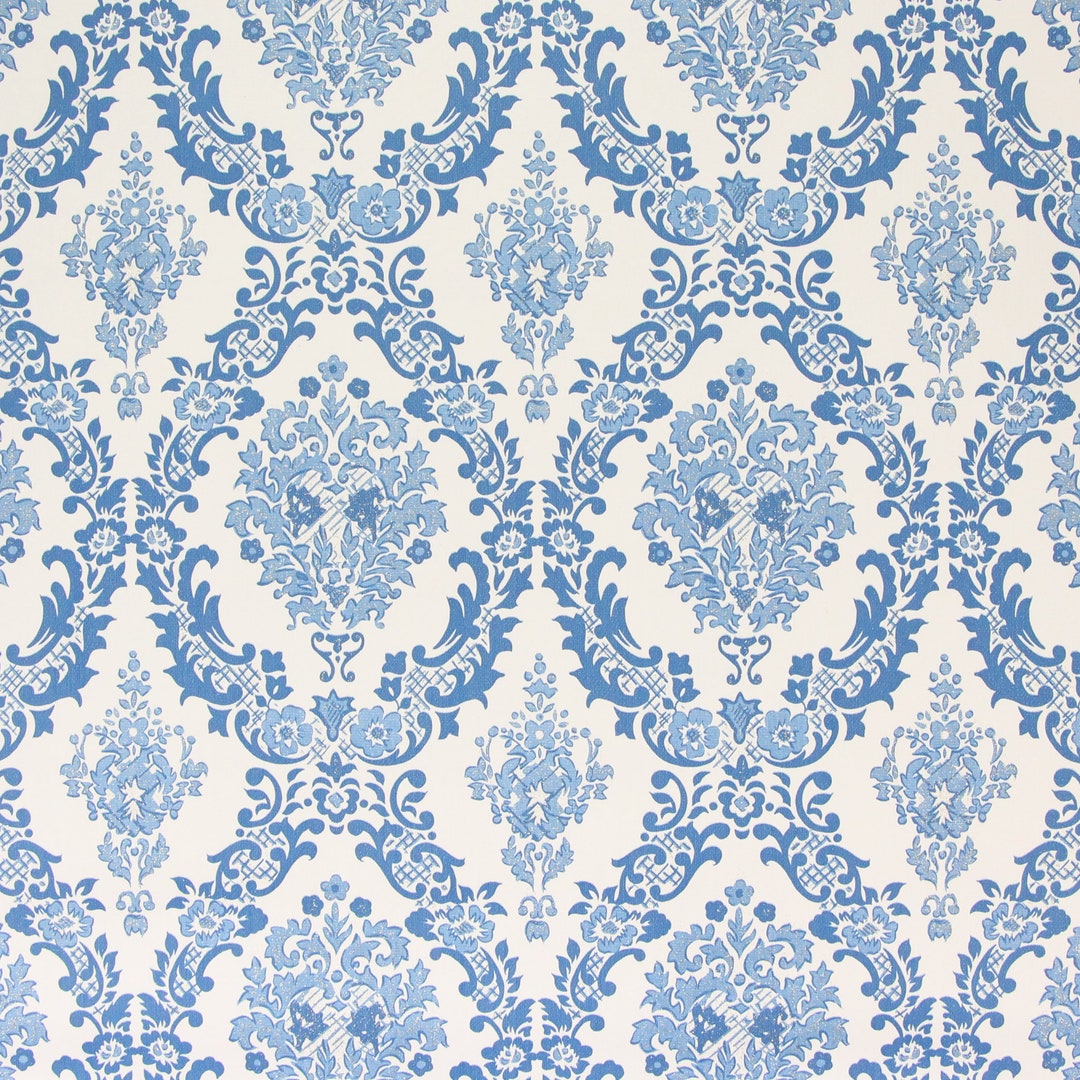 1970s Vintage Wallpaper - Retro Vinyl Blue Damask Silver Glitter, Sold ...