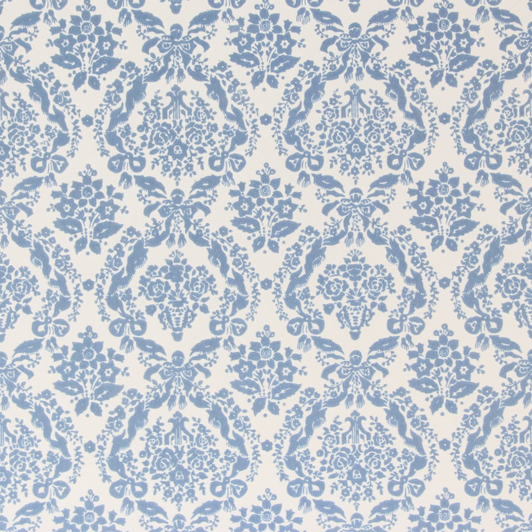 1970s Retro Vintage Wallpaper - Blue Flock Damask on White, Sold by the ...