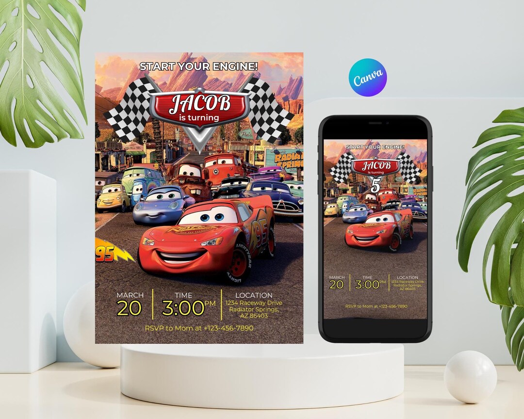 Personalized Disney Pixar Cars Invitation Editable canva Lightning ...
