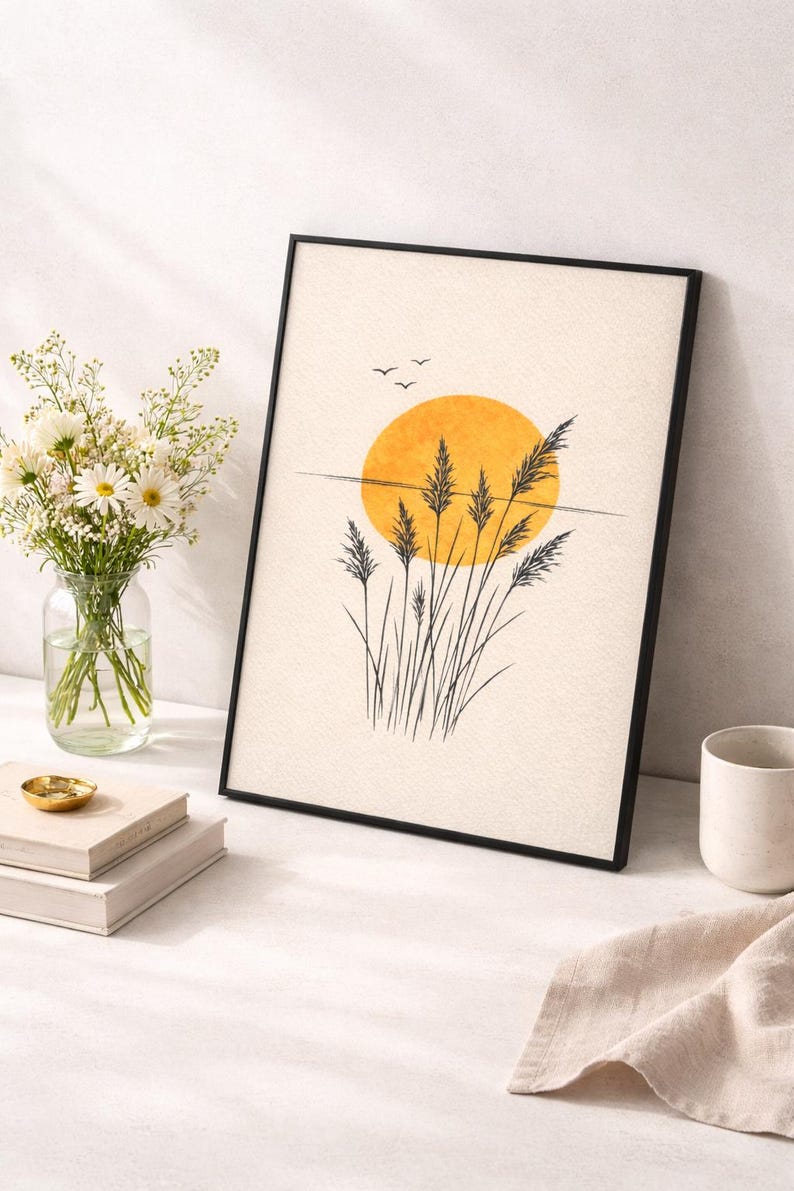 Japandi Sun Grass Line Art Print, Neutral Beige Botanical Zen (digital ...