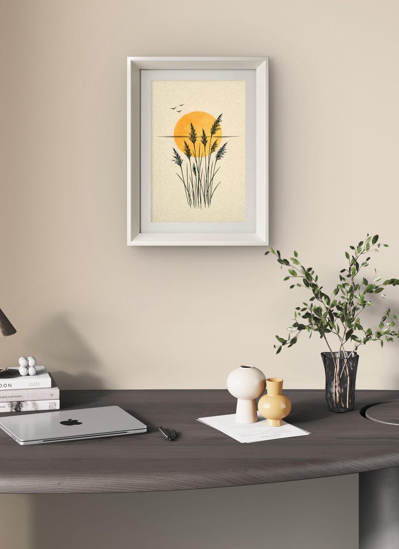 Japandi Sun Grass Line Art Print, Neutral Beige Botanical Zen (digital ...
