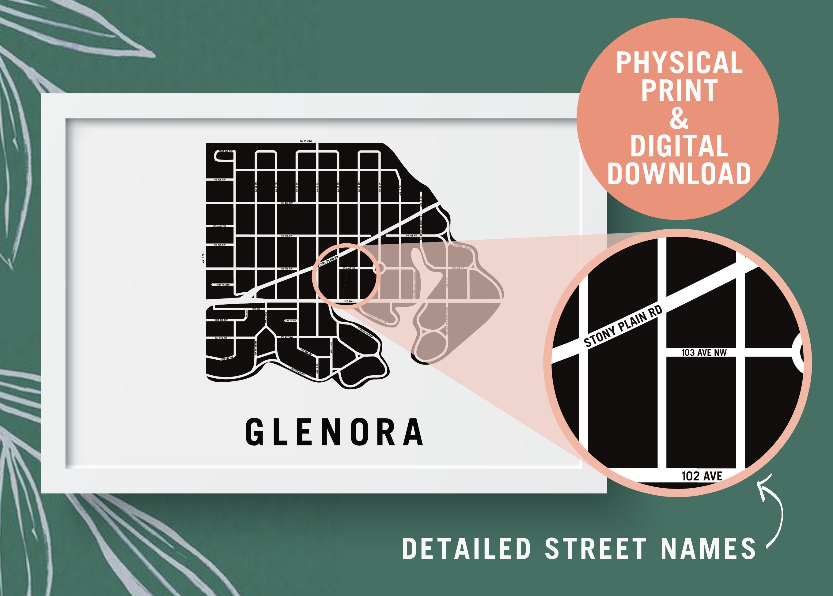 Glenora (with Street Names) | Modern Neighbourhood Map Print | Digital ...