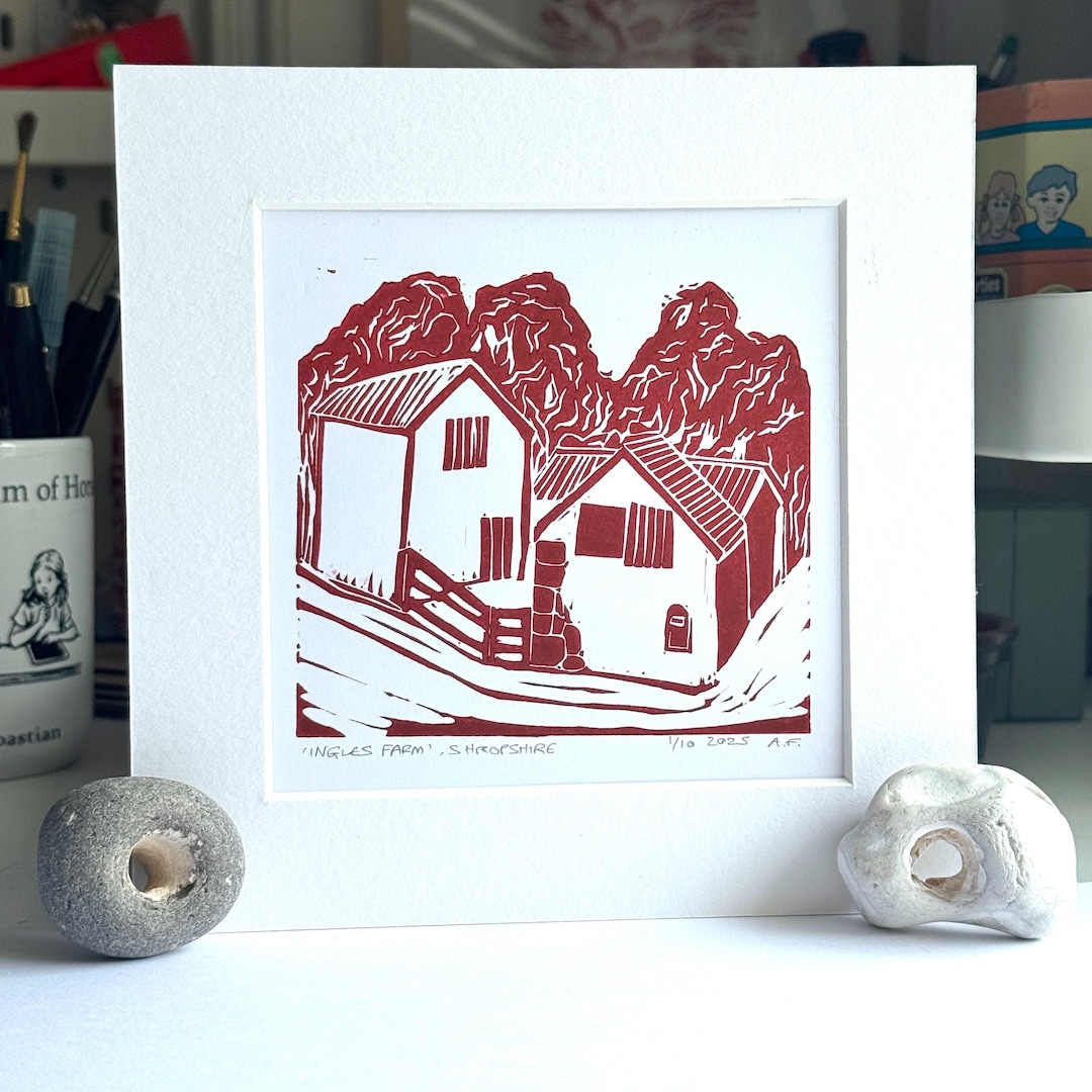 Handmade Lino Cut Print. Landscape Showing 'ingles Farm' in Shropshire ...