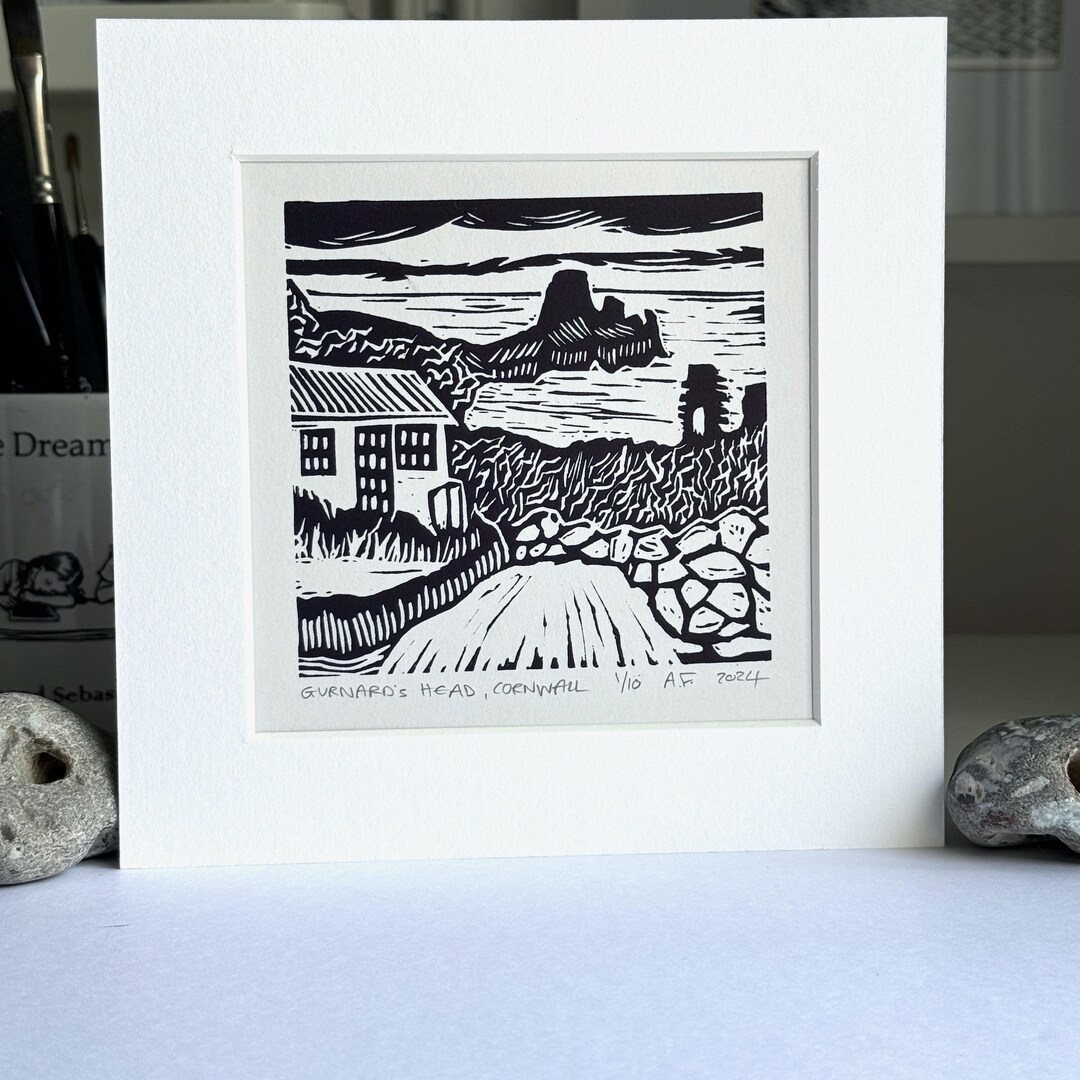Handmade Lino Cut Print. Landscape Showing the Gurnard's Head Cliffs in Cornwall. Printed in a ...