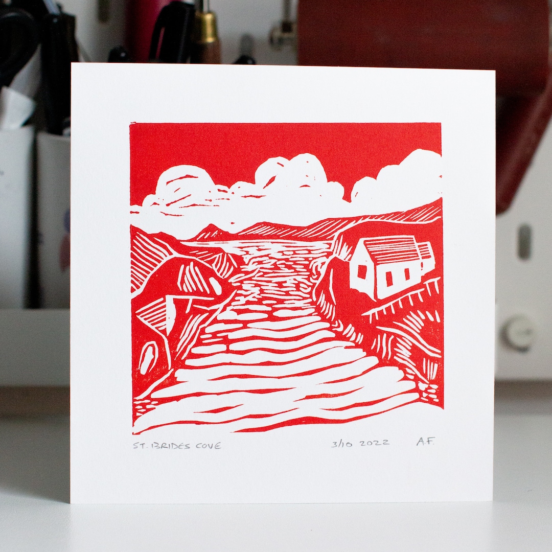 Handmade Lino Cut Print. Landscape Design of St. Brides Cove in ...