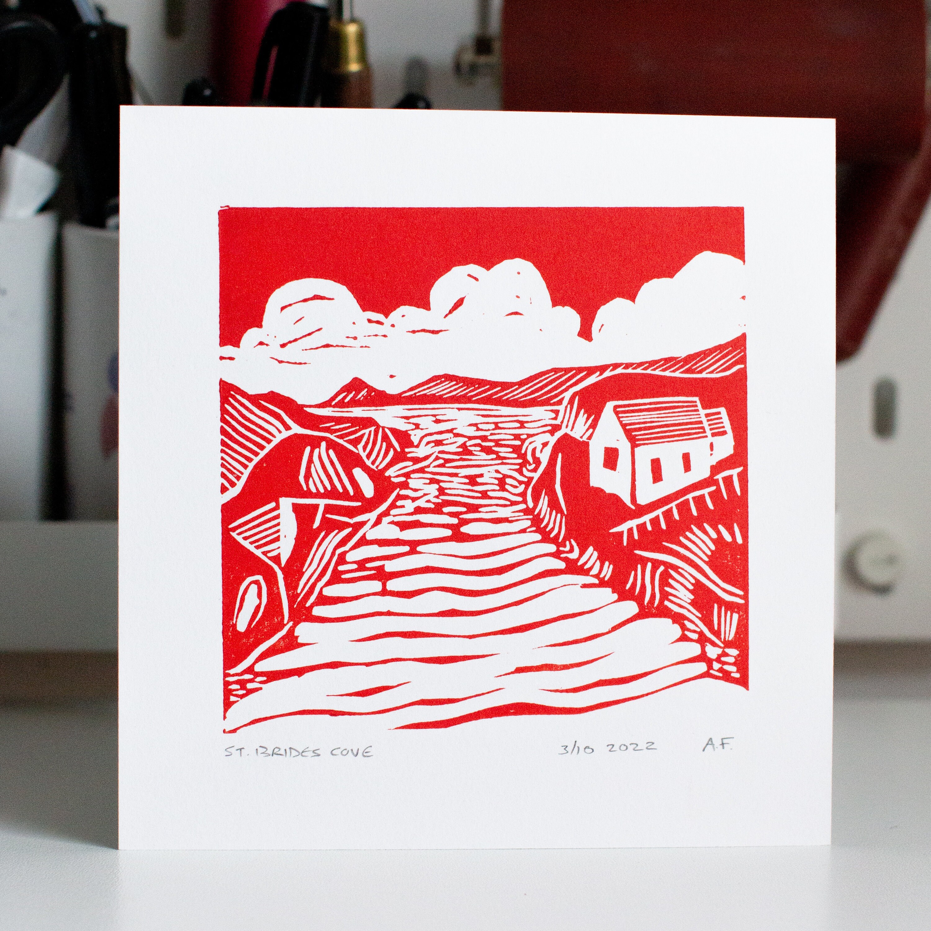 Handmade Lino Cut Print. Landscape Design of St. Brides Cove - Etsy