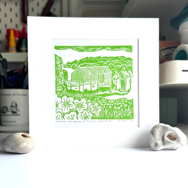 Handmade Lino Cut Print. Landscape Design of Hawthorn Blossom and Rural ...