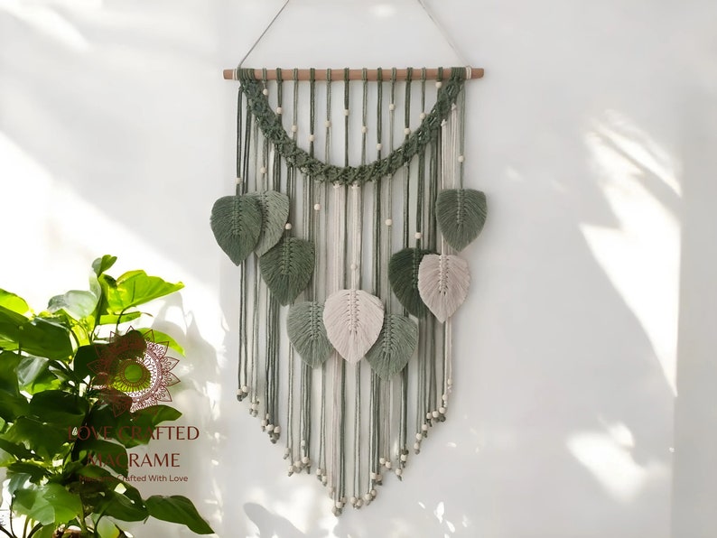 Cute Pink and Green Macrame Wall Hanging Chic Boho Wall Art Decorative Tapestry Leaf Wall Decor ...