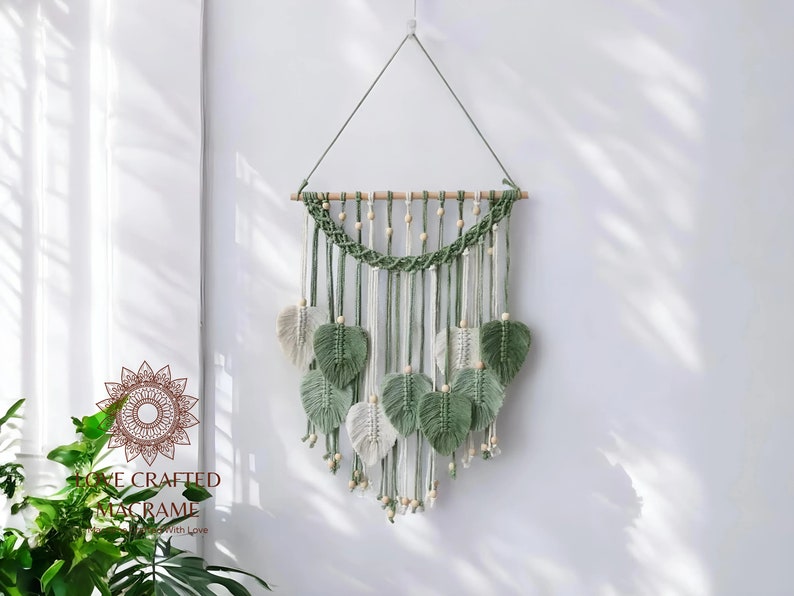 Cute Pink and Green Macrame Wall Hanging Chic Boho Wall Art Decorative Tapestry Leaf Wall Decor ...