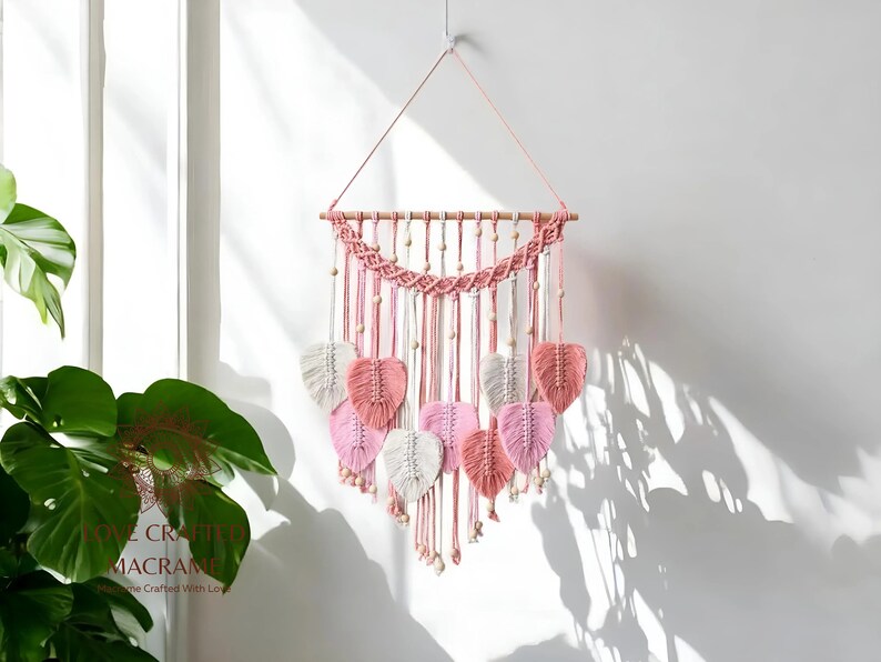 Cute Pink and Green Macrame Wall Hanging Chic Boho Wall Art Decorative Tapestry Leaf Wall Decor ...