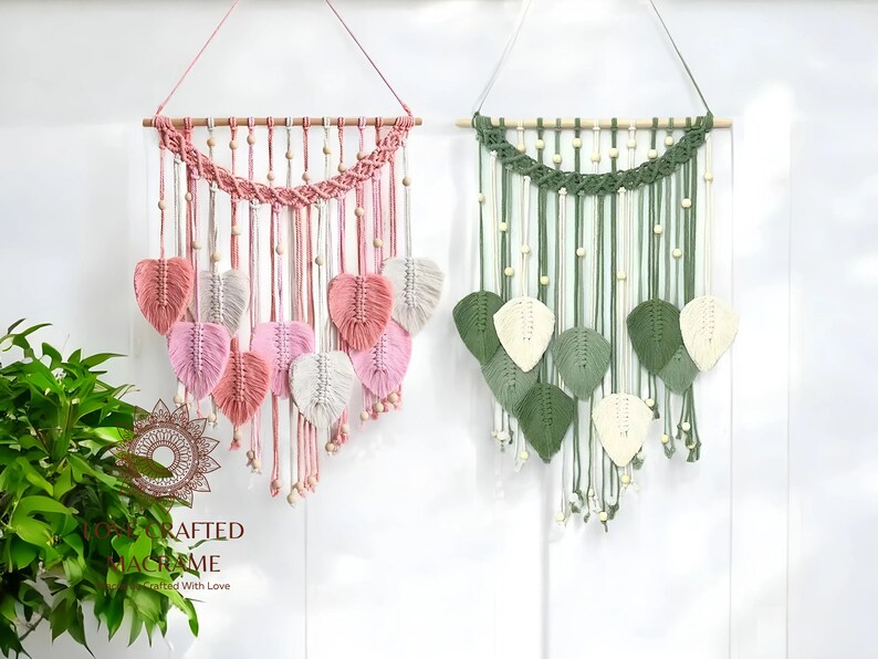Cute Pink and Green Macrame Wall Hanging Chic Boho Wall Art Decorative Tapestry Leaf Wall Decor ...