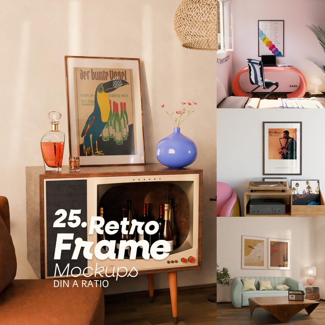 25 Retro Frame Mockups Bundle Mid Century Wall Art Templates Vintage ...