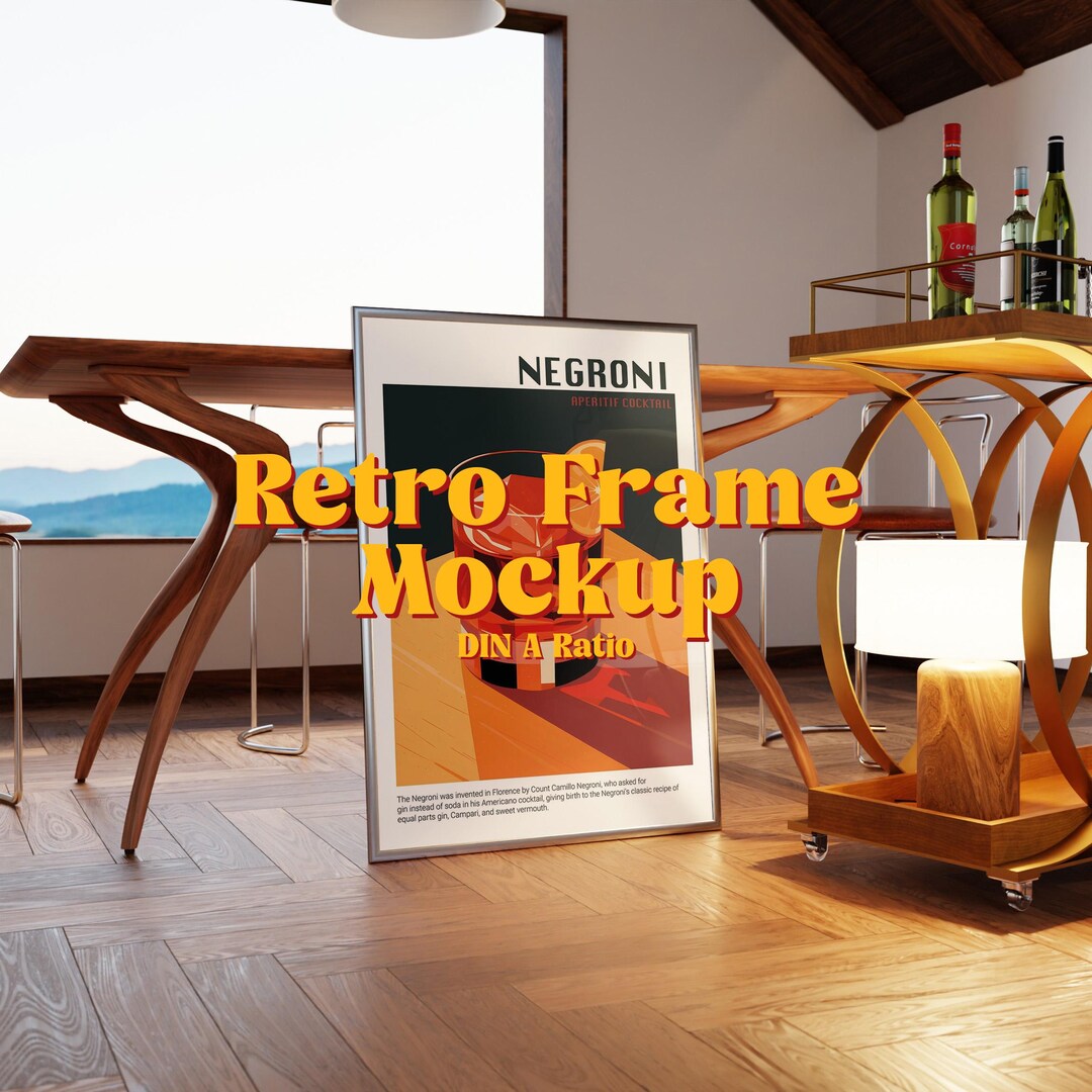 Vertical Bar Cart Frame Mockup PSD: Mid-century Twilight Bar Interior ...