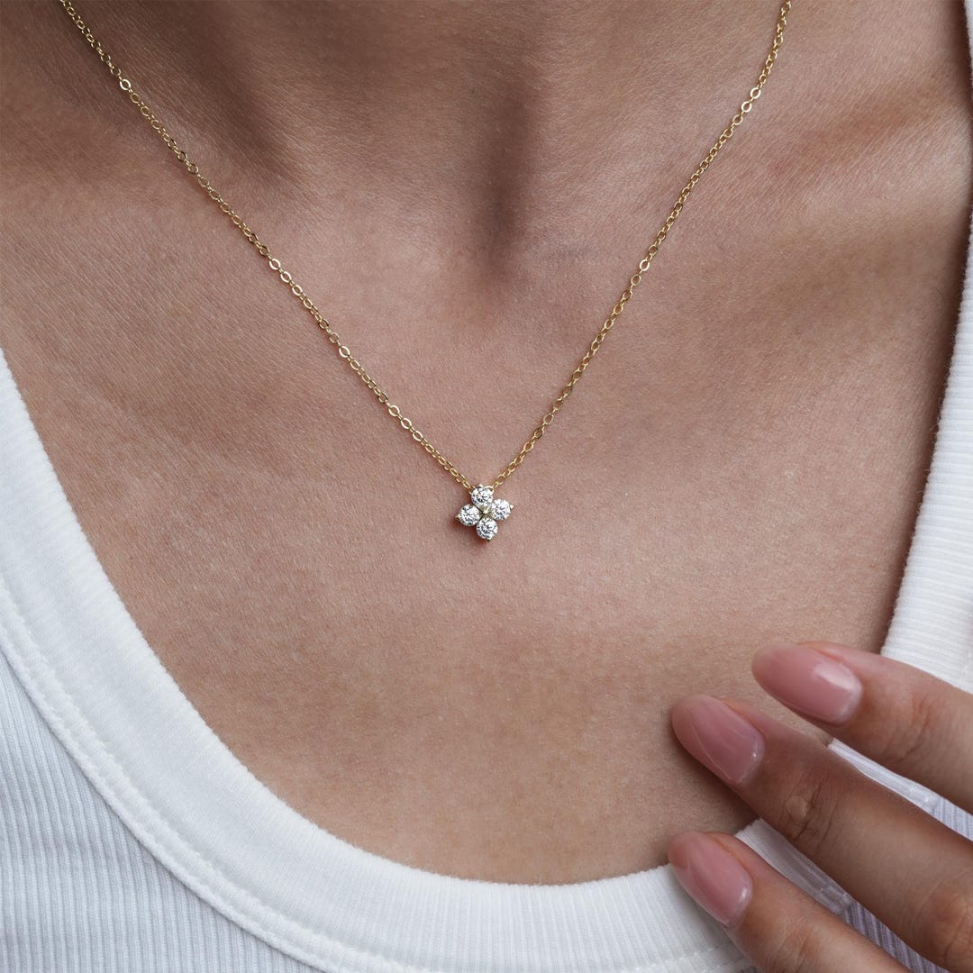 4 Stone Flower Diamond Necklace, 14K Gold Diamond Necklace, Four-petal ...