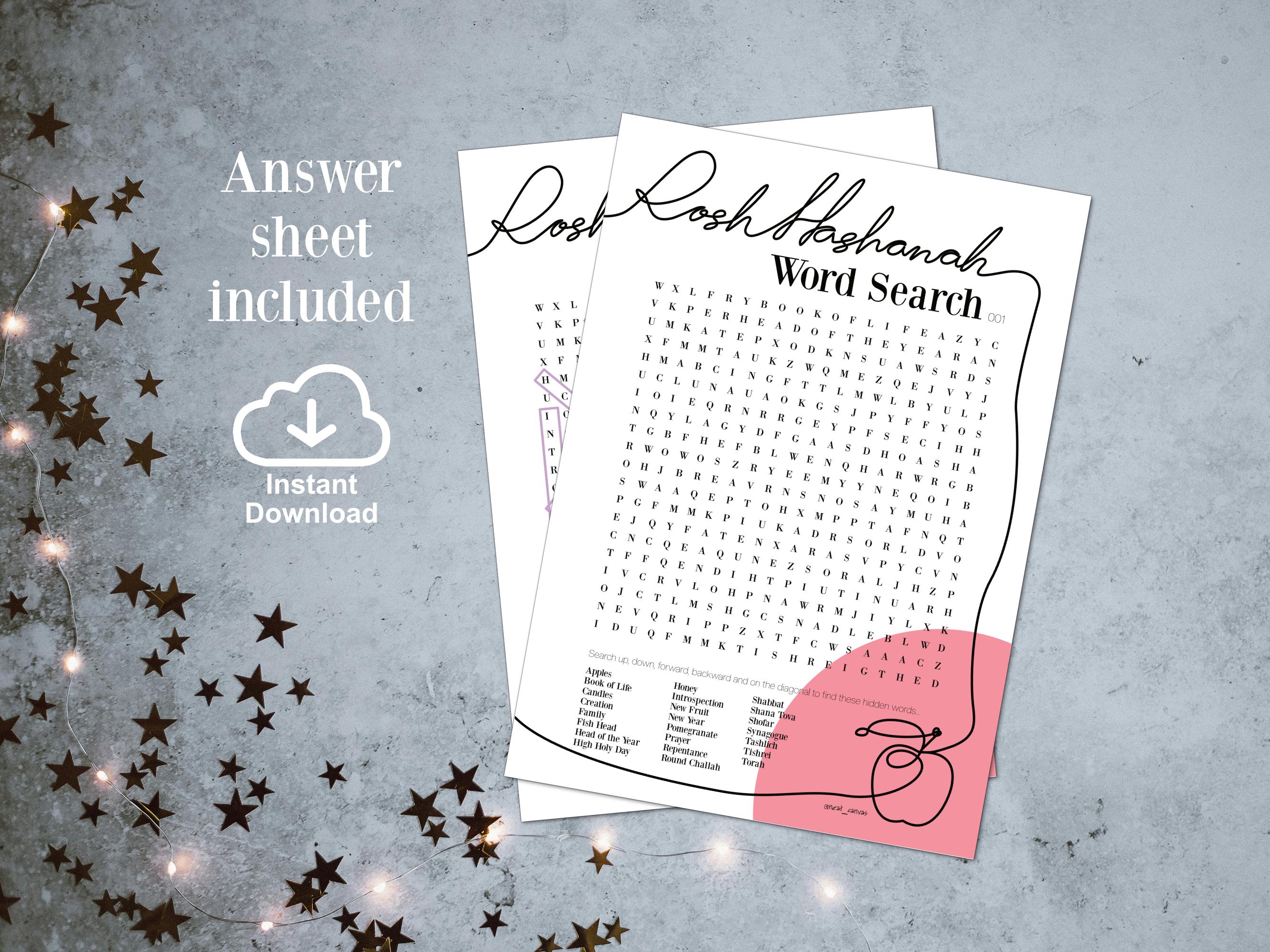 Rosh Hashanah Printable Word Search Jewish Party Games Rosh Hashanah ...