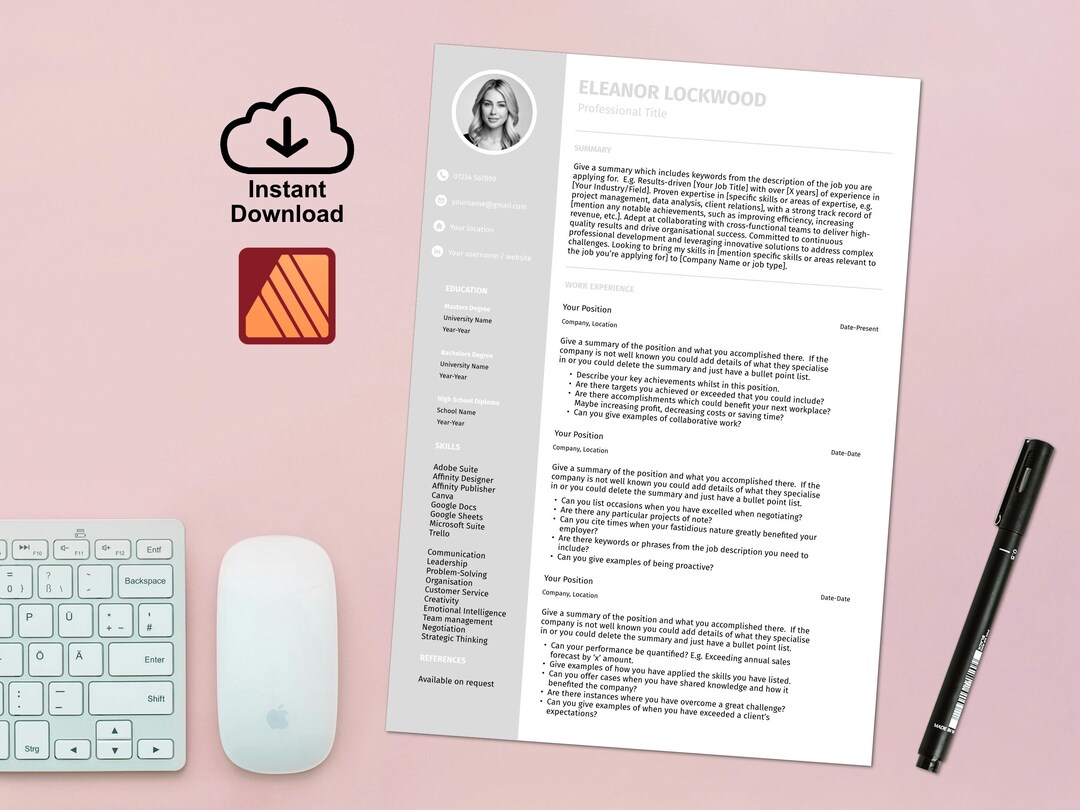 Affinity Publisher Editable Resume Template With Photo | Professional ...