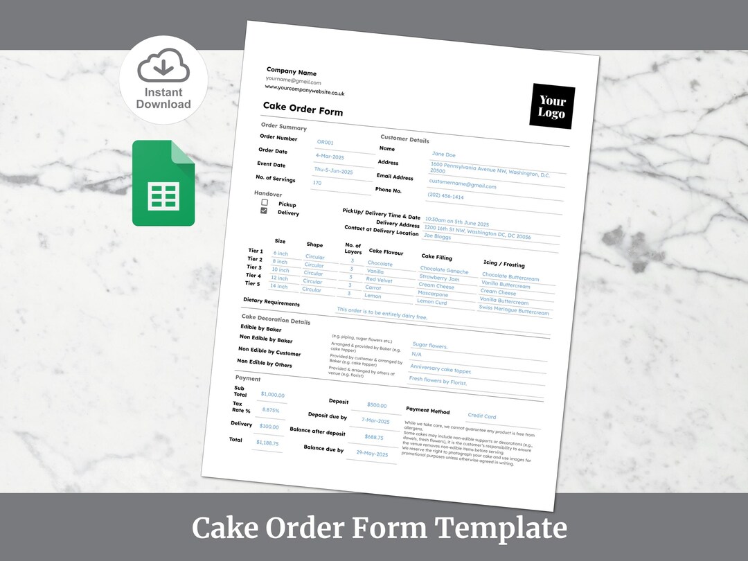 Google Sheets Editable Cake Order Form Template, Custom Bakery Order ...