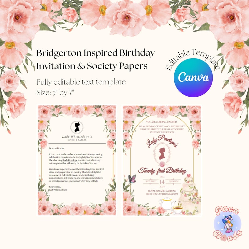 Bridgerton Birthday Invitation: Pink Floral Regency Party (digital ...