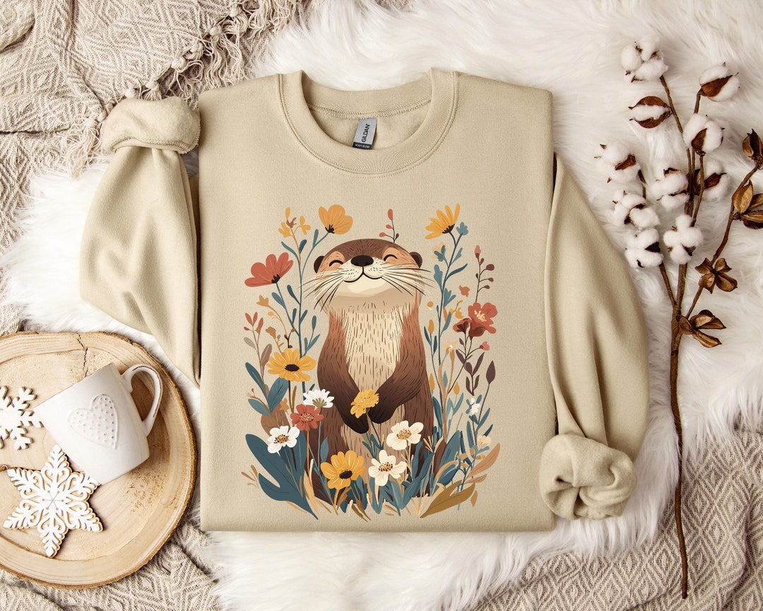 Cottagecore Otter Sweatshirt With Cute Smiling Otter Surrounded by ...