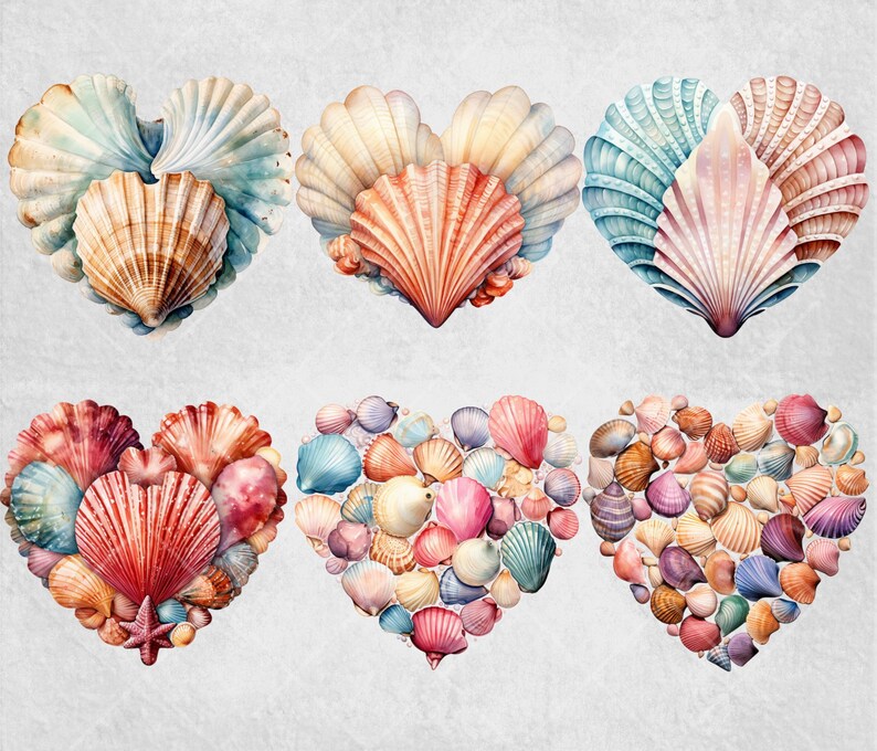 Watercolor Seashell Clipart Bundle Heart Shaped Seashells Collection ...
