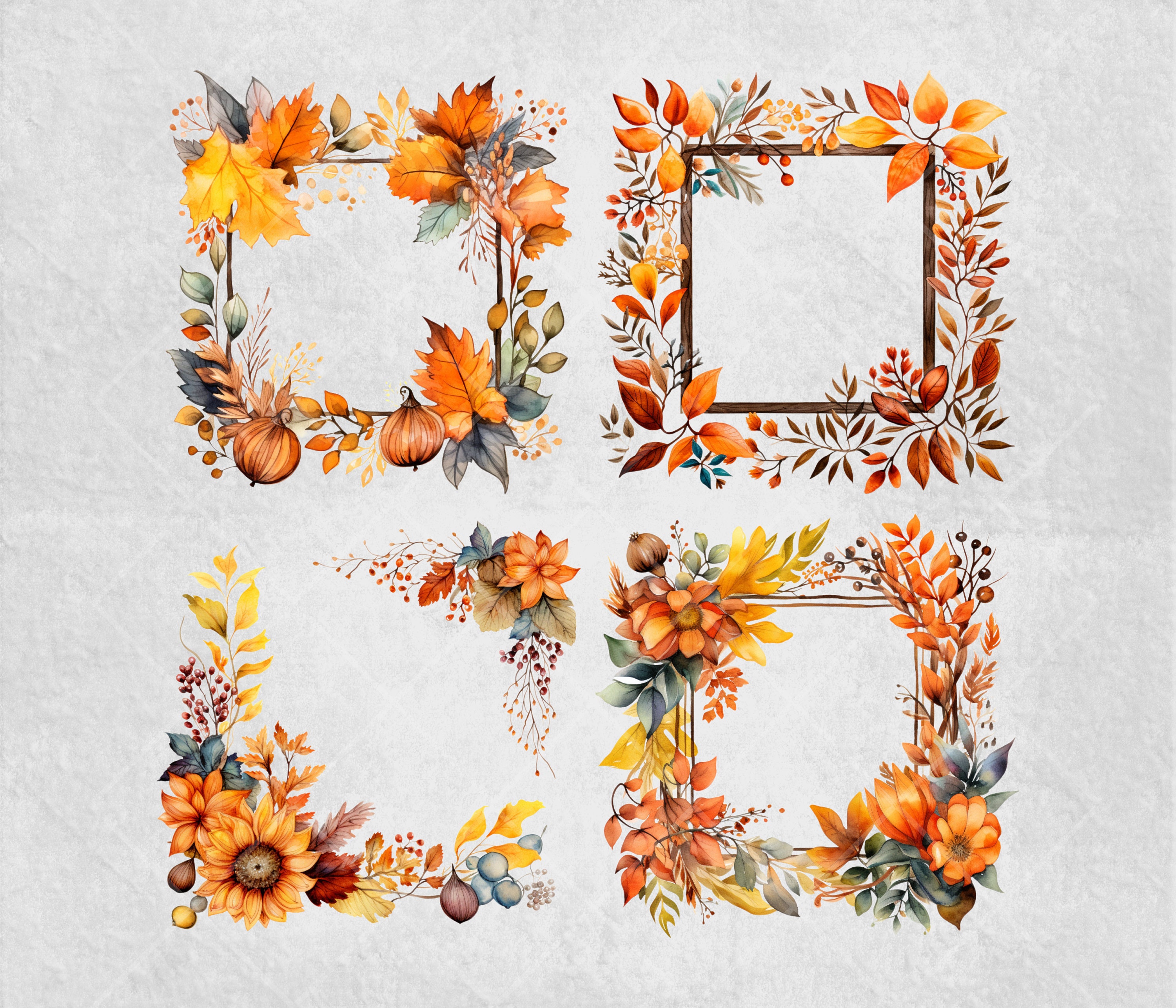 Watercolor Fall Frame Clipart: Pumpkin & Floral PNG Borders (digital ...