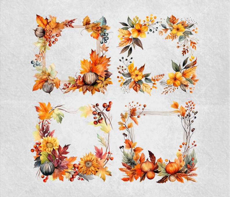 Watercolor Fall Frame Clipart: Pumpkin & Floral PNG Borders (digital ...