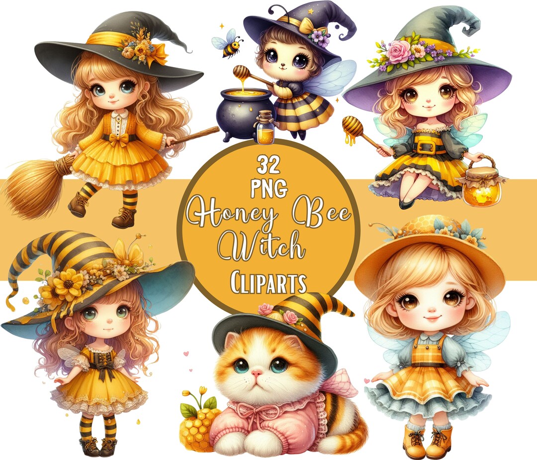 Honey Bee Witch Clipart Bundle Cute Halloween Witchy Art Witch Nursery ...