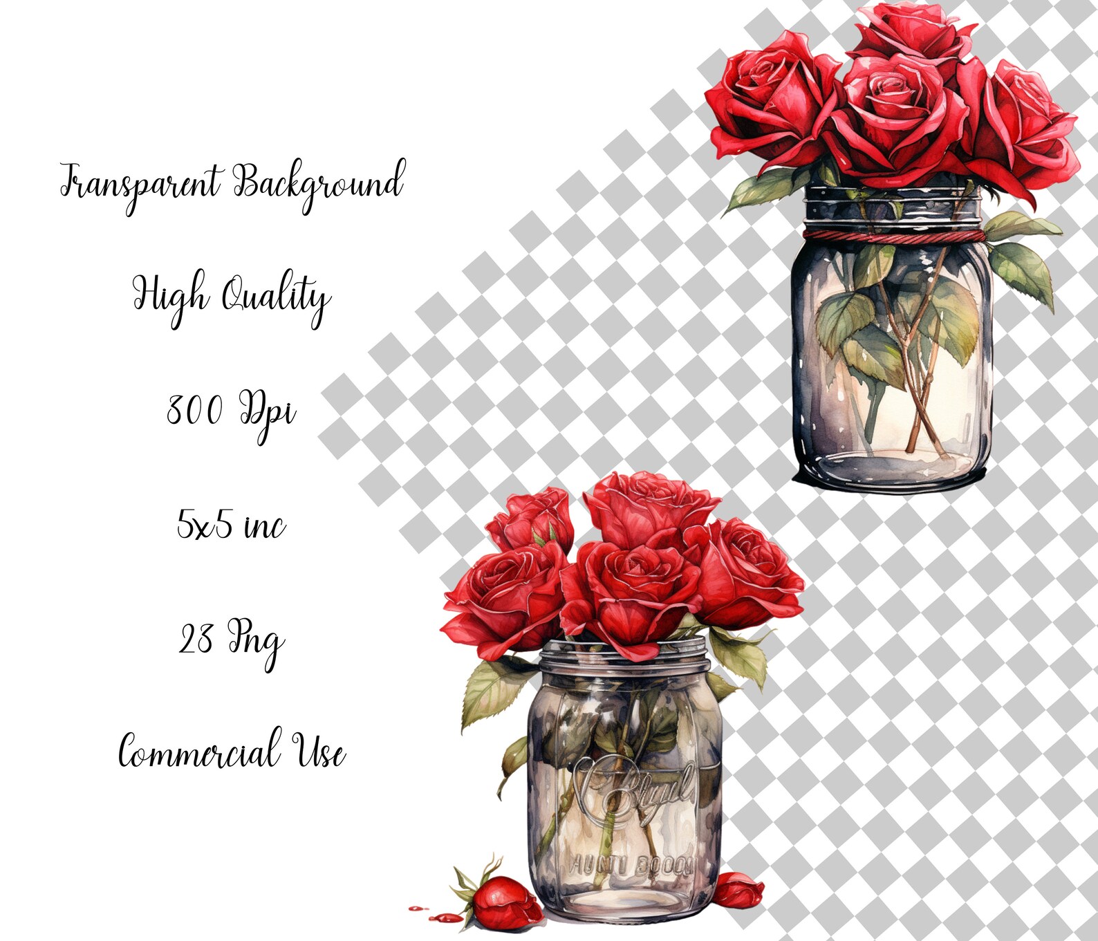 Watercolor Roses in Mason Jar Clipart Realistic Rose Clipart Pack ...
