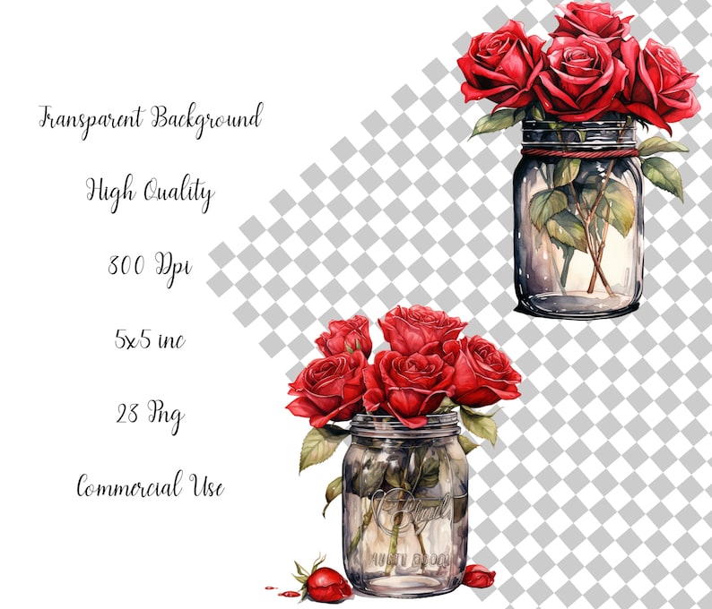 Watercolor Roses in Mason Jar Clipart Realistic Rose Clipart Pack ...