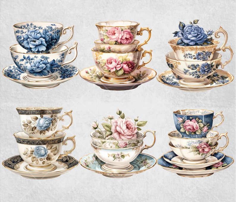 Watercolor Stacked Teacup Png Bundle Victorian Art Vintage Floral Tea ...