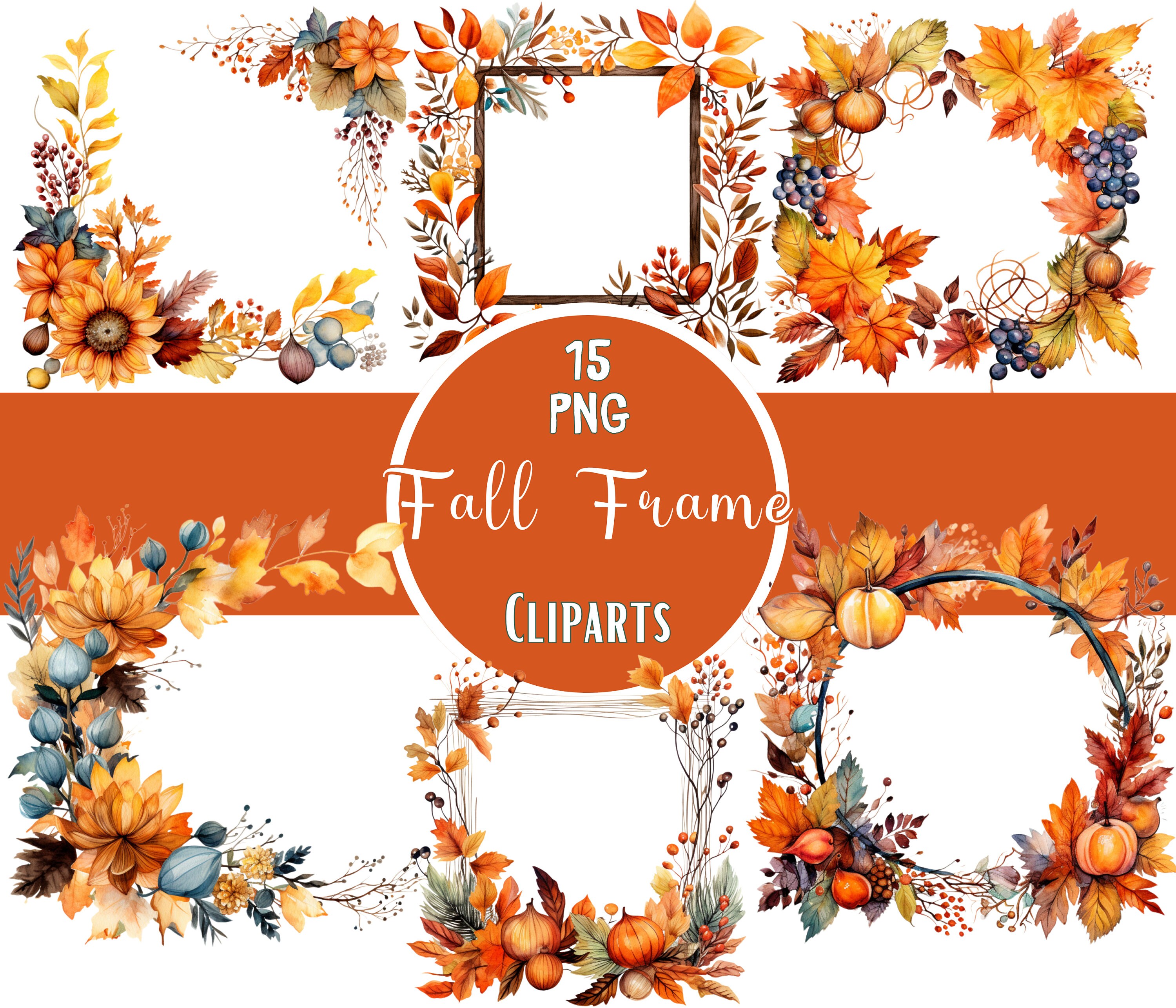 Watercolor Fall Frame Clipart: Pumpkin & Floral PNG Borders (digital ...