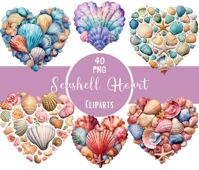 Watercolor Seashell Clipart Bundle Heart Shaped Seashells Collection ...