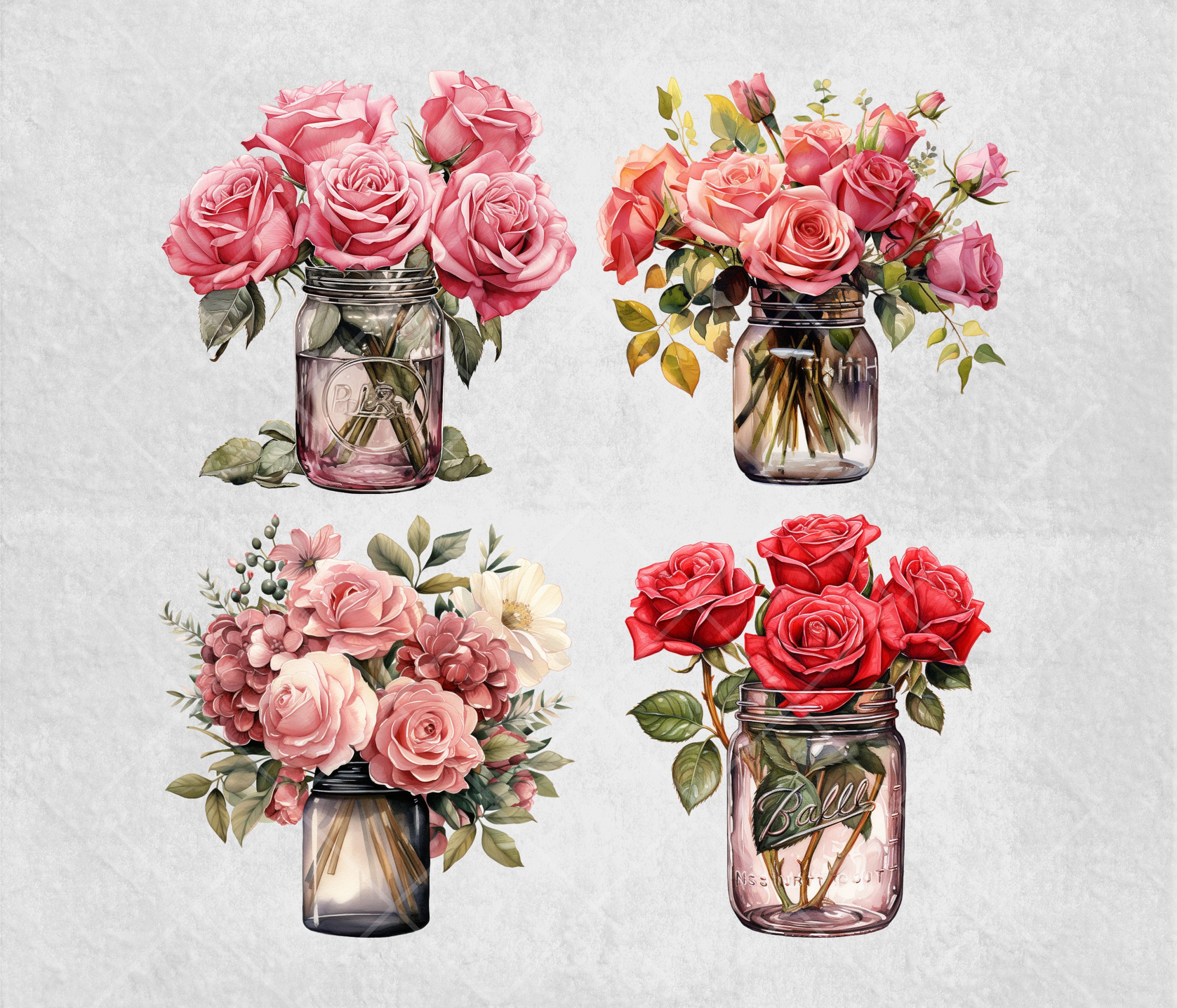 Watercolor Roses in Mason Jar Clipart Realistic Rose Clipart Pack ...