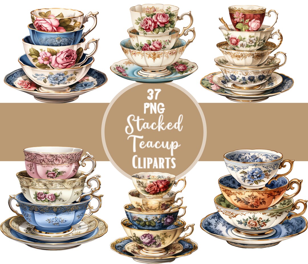 Watercolor Stacked Teacup Png Bundle Victorian Art Vintage Floral Tea ...